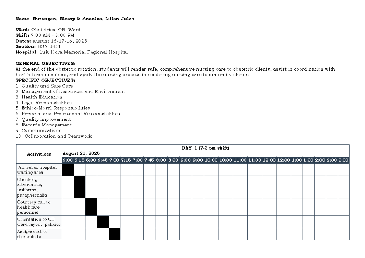 Obstetrics (OB) Ward Shift Schedule & Objectives - August 2025 - Studocu