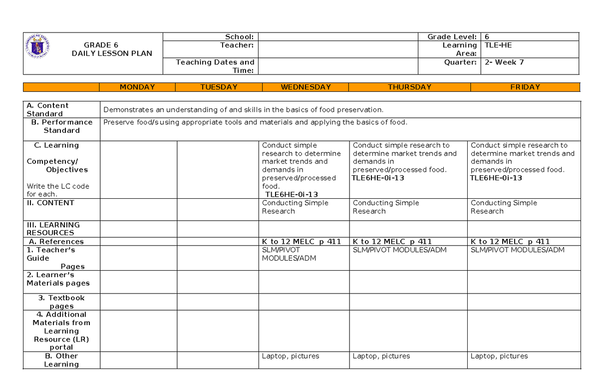 TLE DLL G6 Q2 W7-1 - Daily Lesson Plan on Food Preservation - Studocu