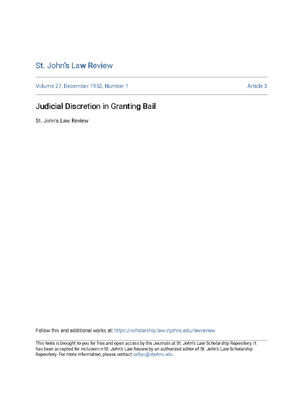 Judicial Discretion in Granting Bail - St. John's Law ReviewSt. John's ...