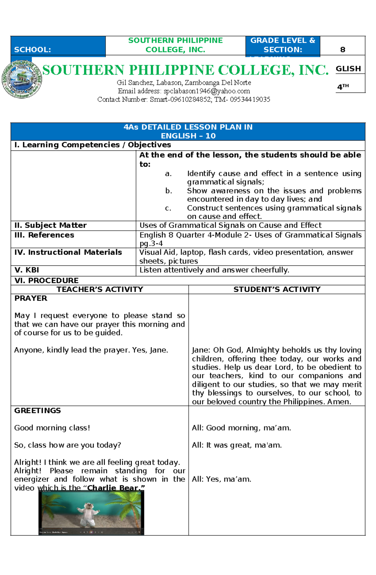 Cause AND Effect LP - sample lesson plan - SCHOOL: SOUTHERN PHILIPPINE ...
