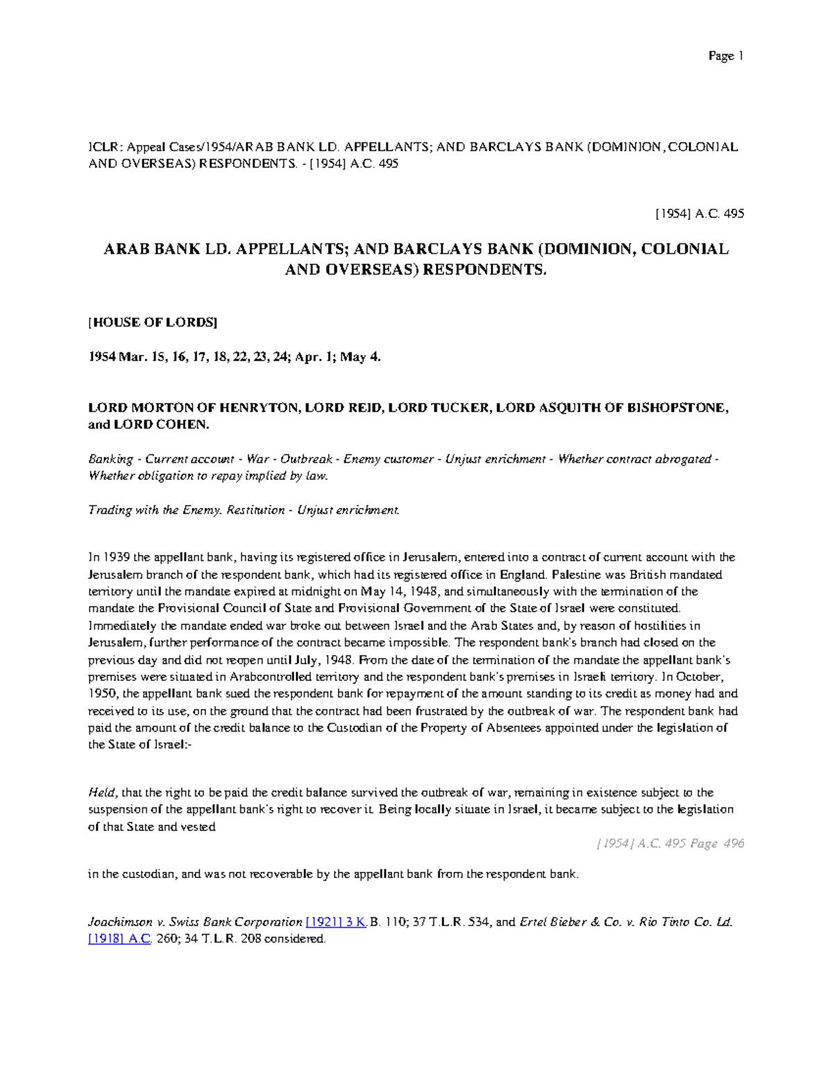 ARAB BANK LD vs. BARCLAYS BANK - Case Law Analysis [1954] A.C. 495 ...