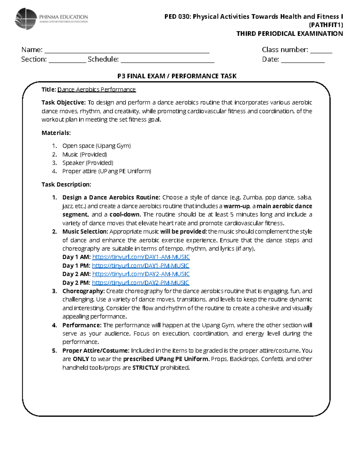 PED 030: P3 Final Exam - Dance Aerobics Performance Task - Studocu