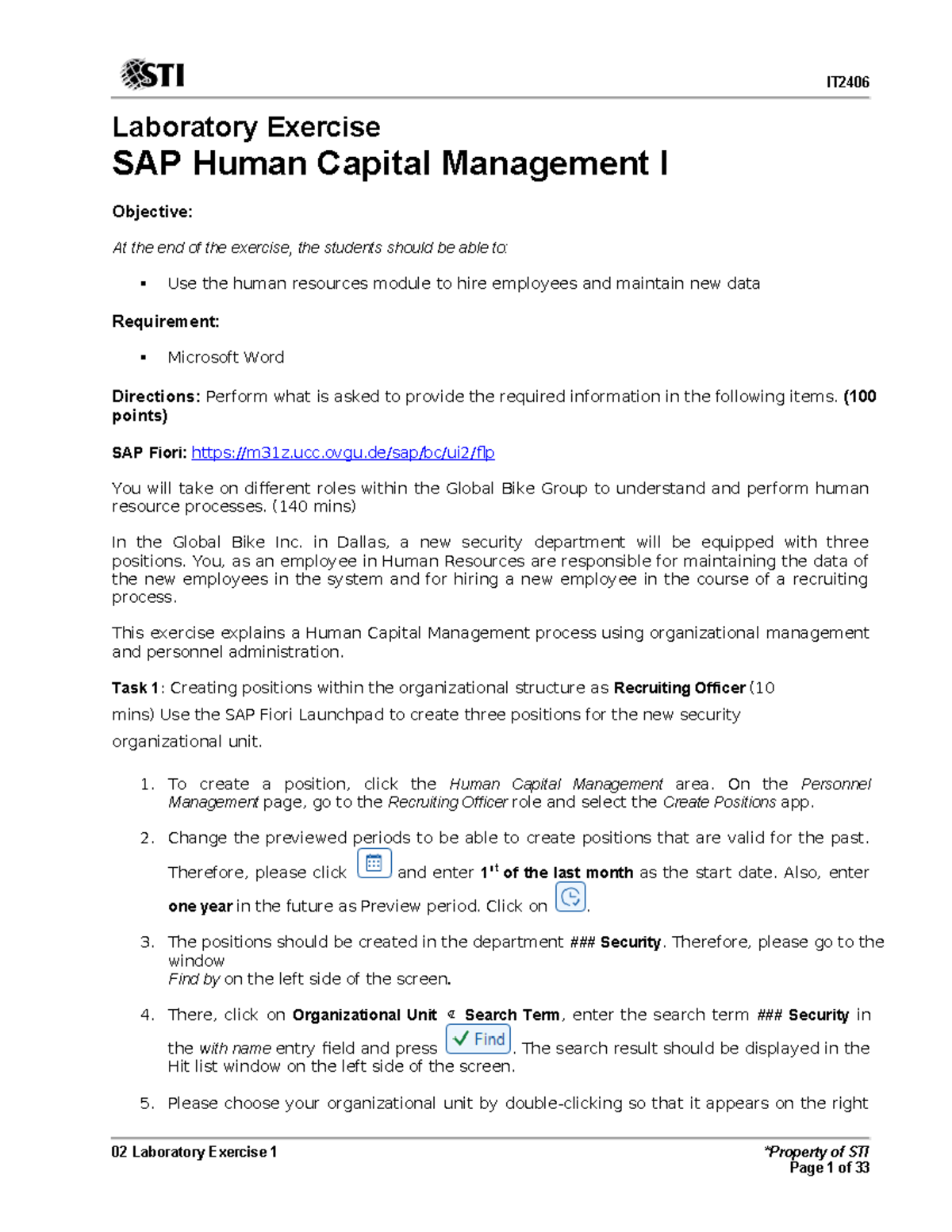 02 Laboratory Exercise 1: SAP HCM Tasks for Security Department - Studocu