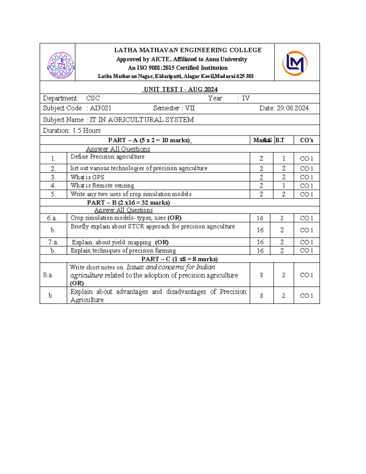 AI3021 IT in Agricultural Systems Unit Test I Question Paper - Aug 2024 ...