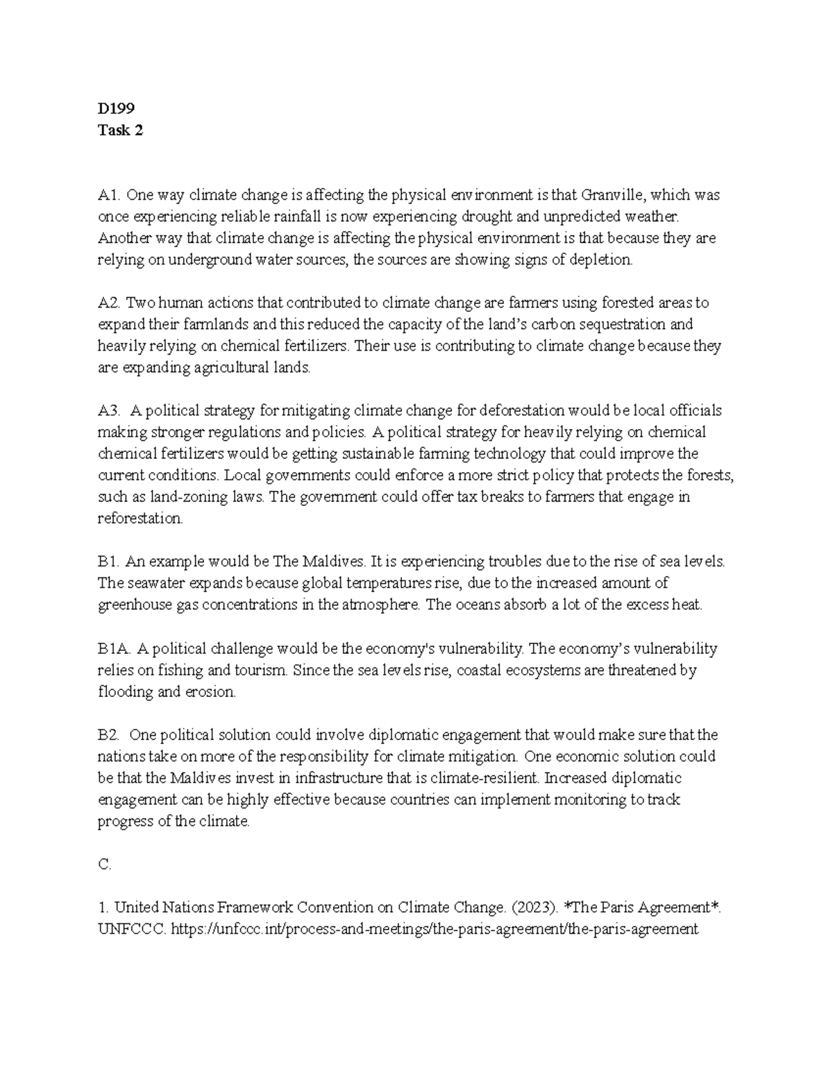 D199 Task 2 - Climate Change Impact & Mitigation Strategies - Studocu