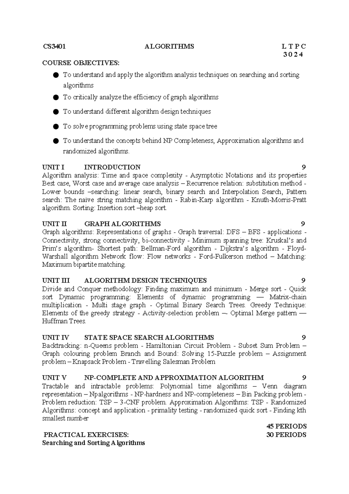 CS3401- Algorithms Syllabus - CS3401 ALGORITHMS L T P C 3 0 2 4 COURSE ...