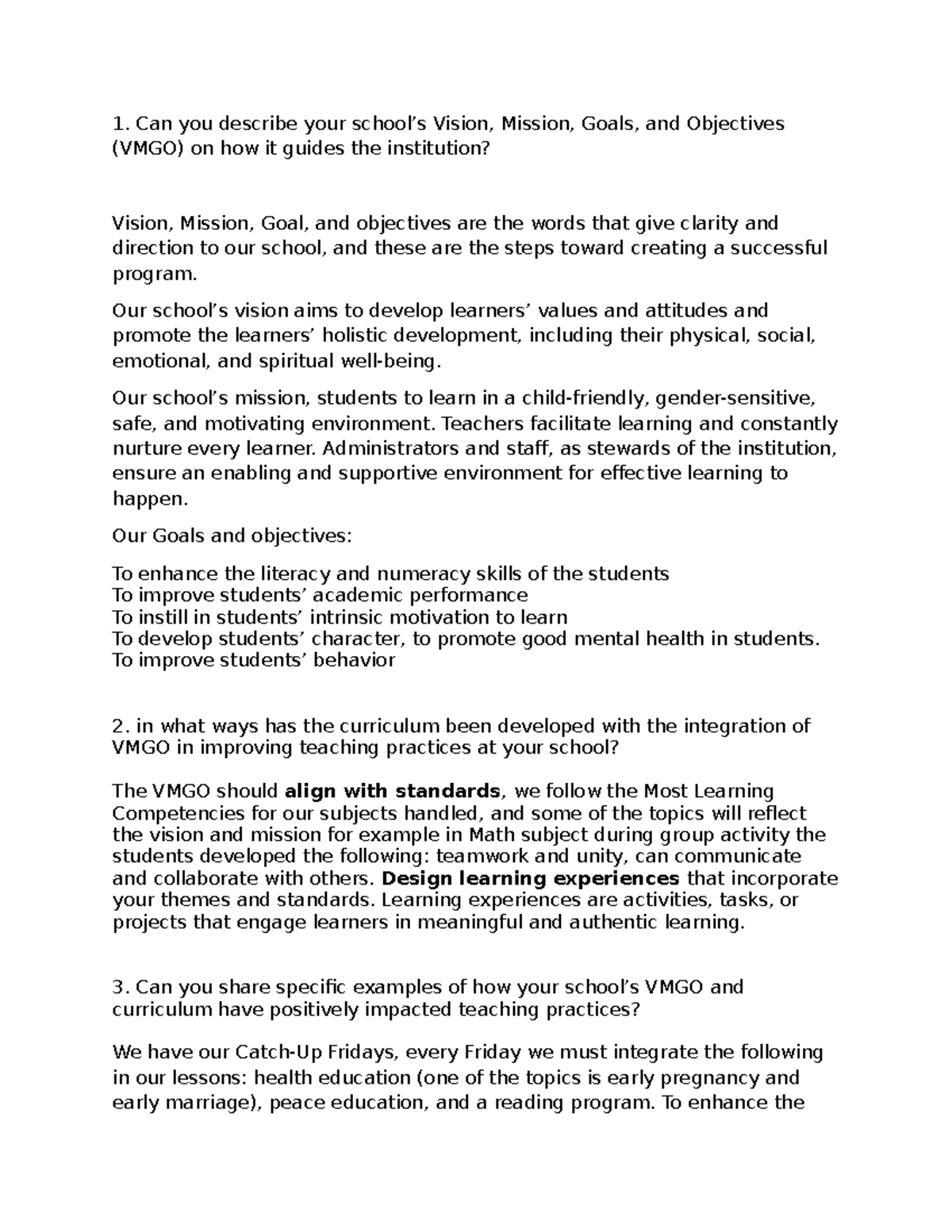 VMGO Integration in Educational Practices: Vision, Mission, and Goals ...