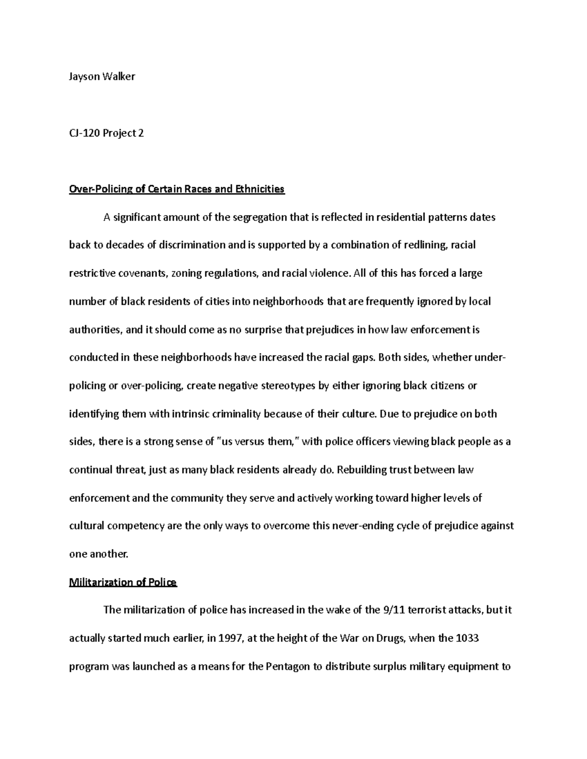 CJ120 7-2 Project 2: Examining Over-Policing & Racial Disparities - Studocu