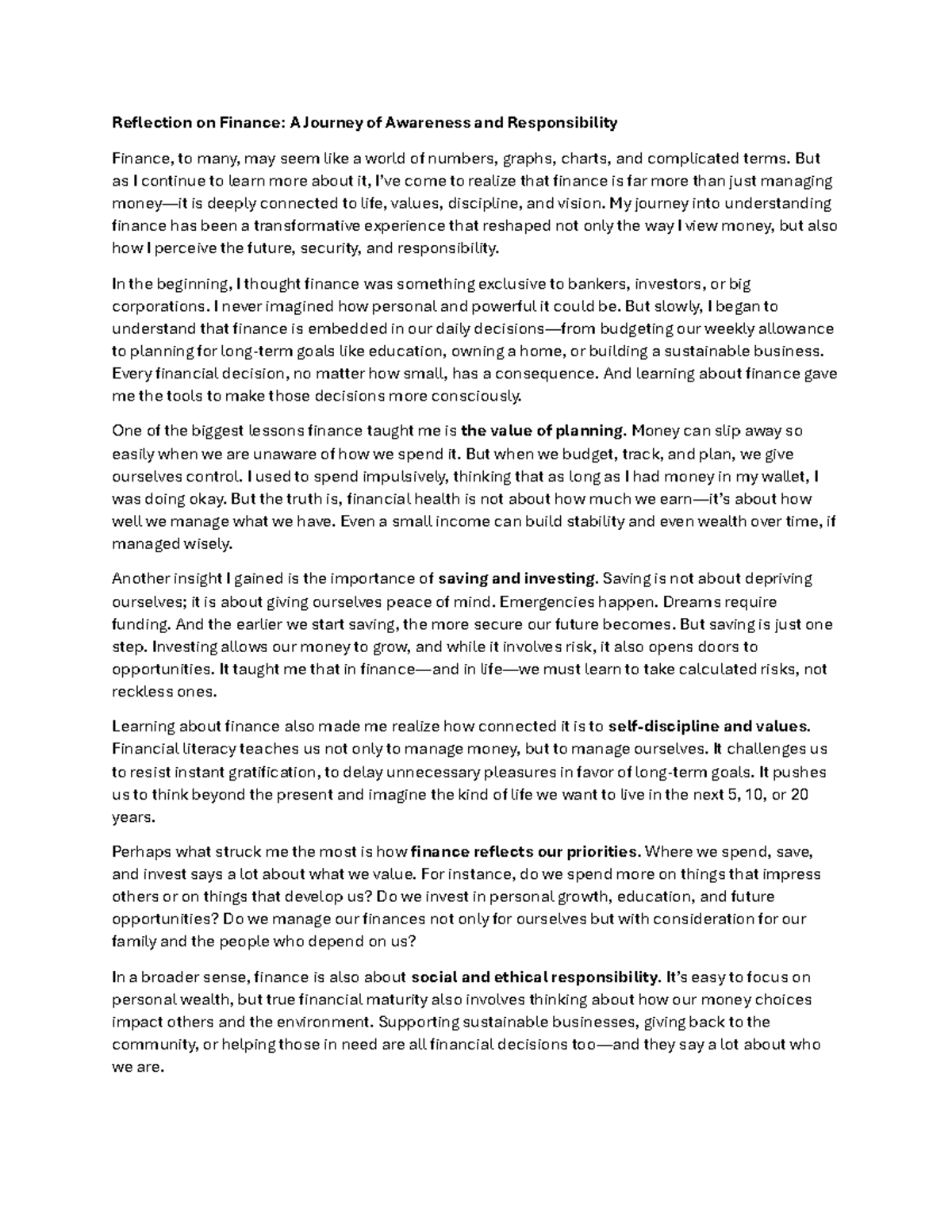 Reflection on Finance: Insights on Responsibility and Values - Studocu