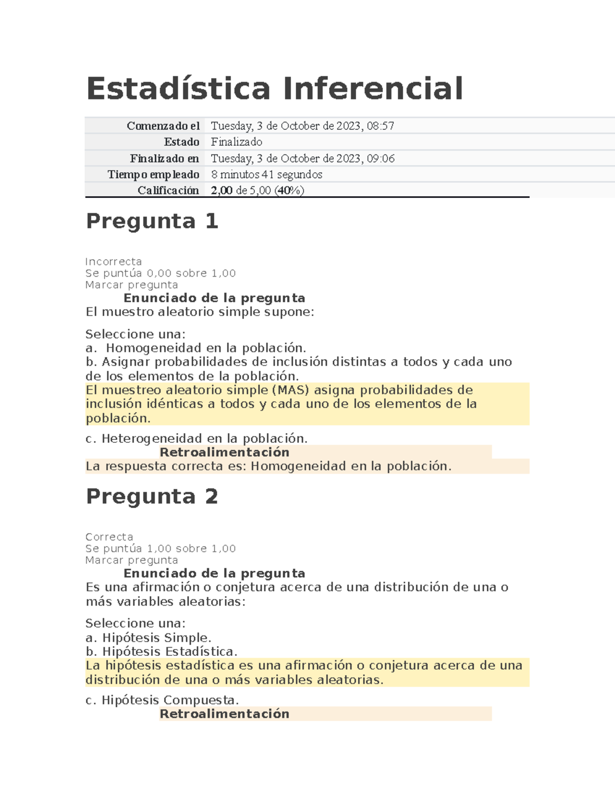 Estadística Inferencial - Examen Inicial y Resultados (2023) - Studocu