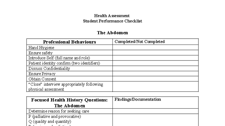 Health Assessment Checklist: Abdomen Performance Evaluation - Studocu