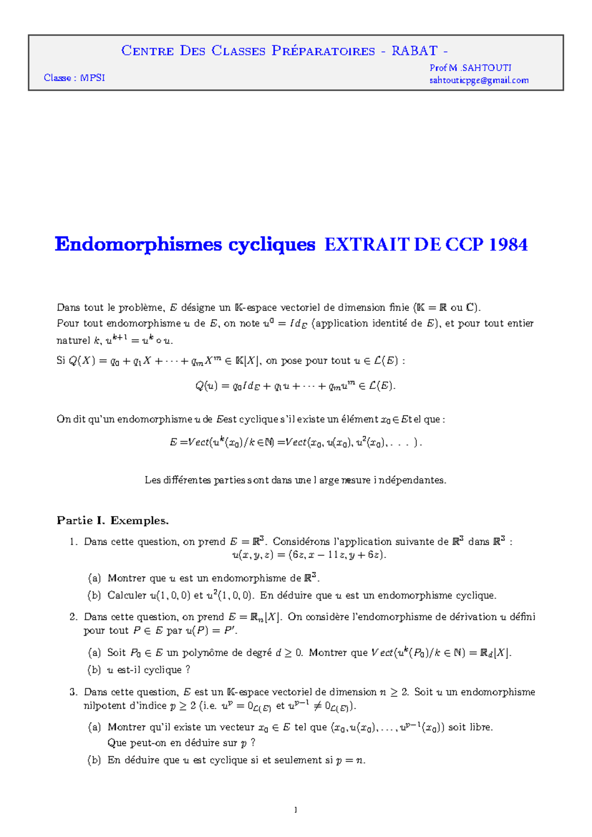 Extrait de CCP 1984 : Endomorphismes Cycliques en Algèbre Linéaire MPSI ...