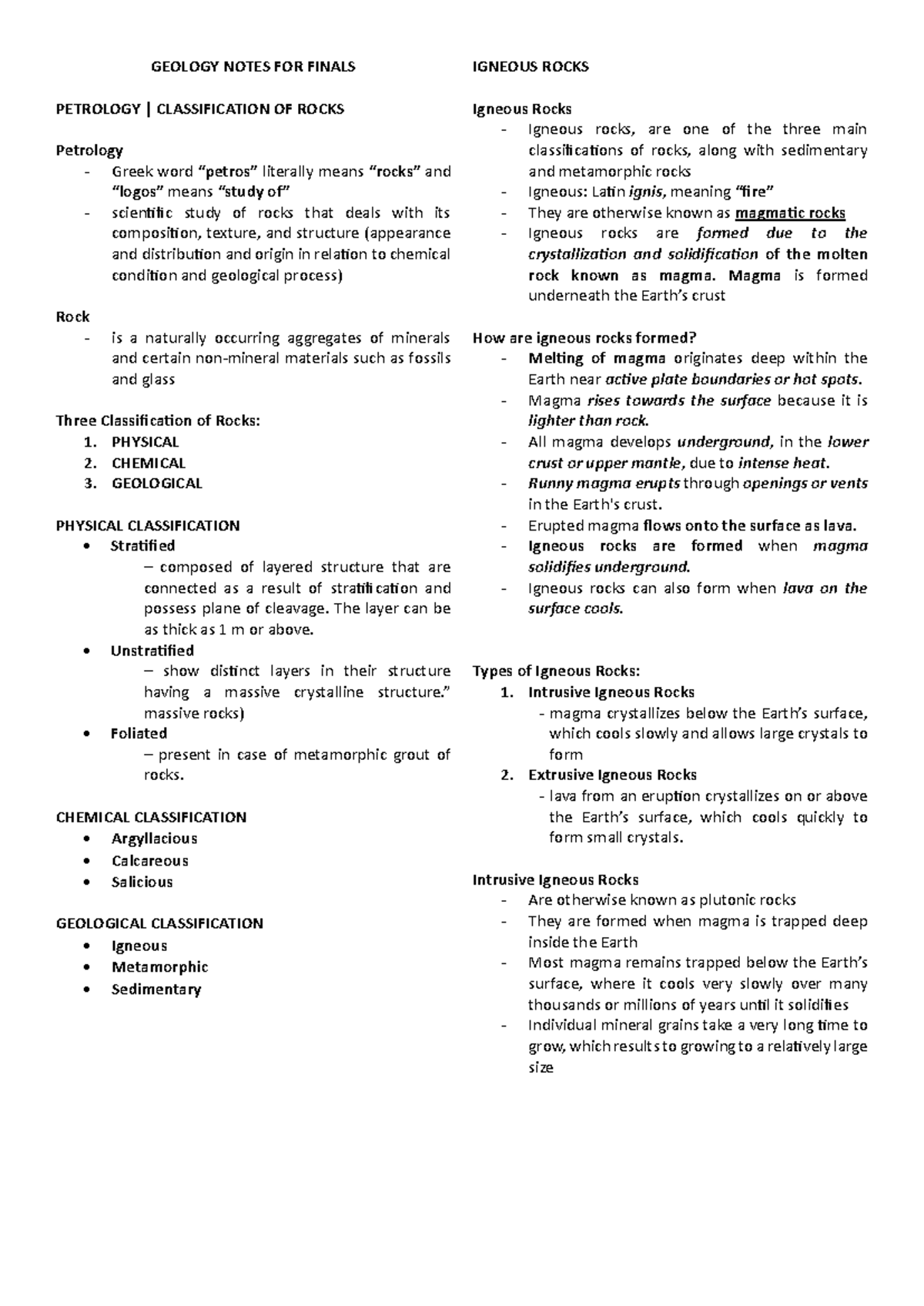 GEO 101 Final Exam Notes: Petrology and Rock Classification - Studocu