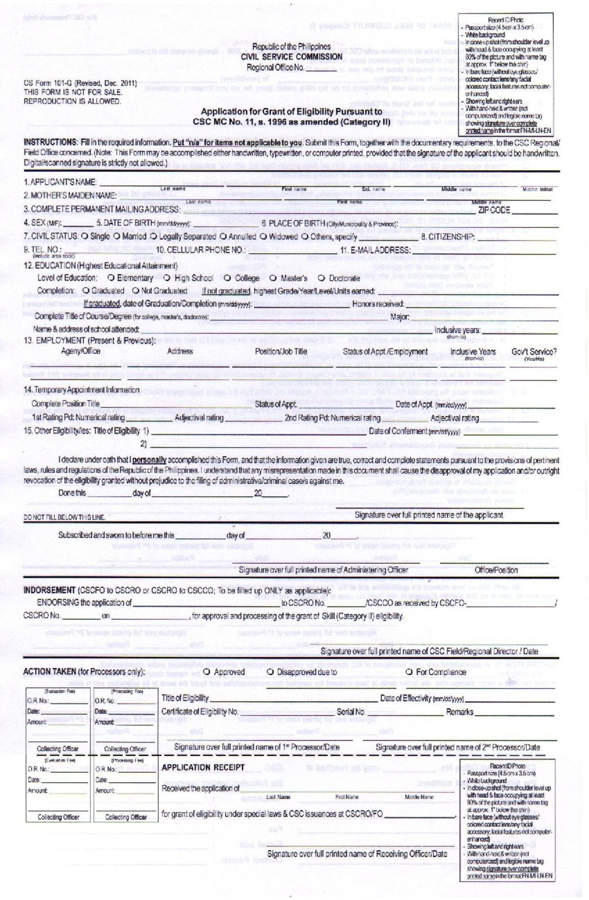 Civil Service Commission Form: Application for Eligibility Form CS Form ...