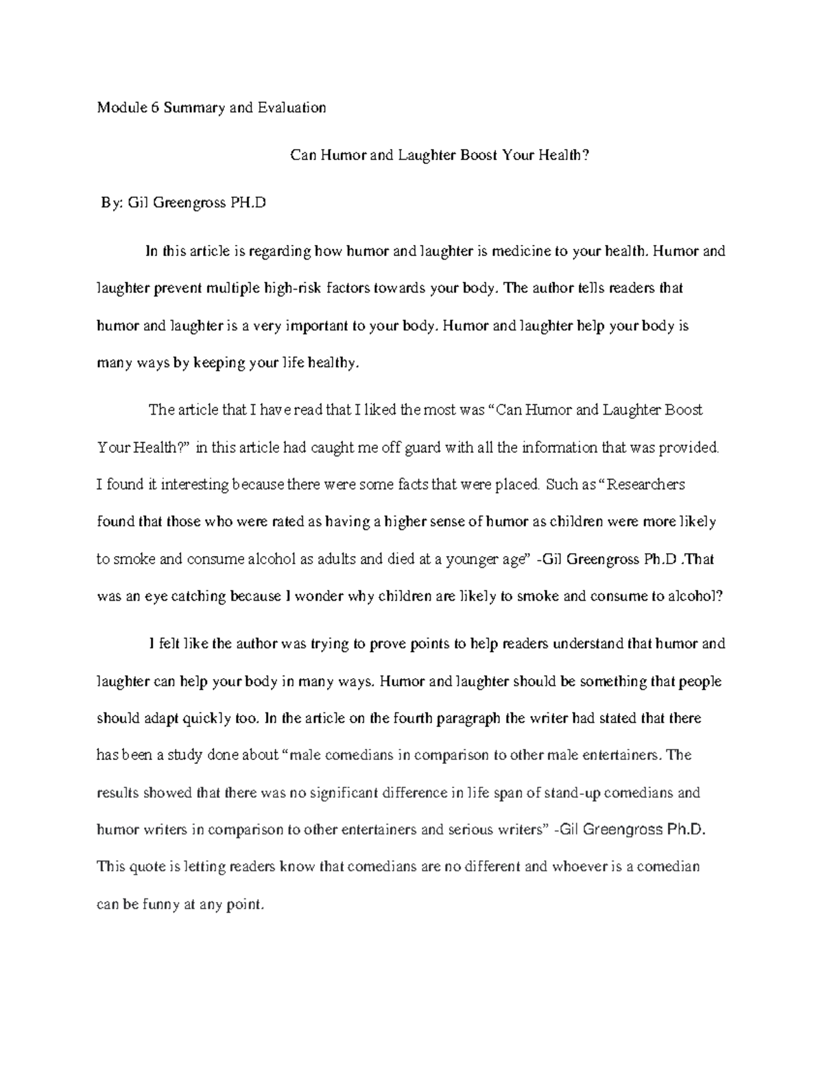 Module 6 Humor & Health Essay Summary and Evaluation - Studocu