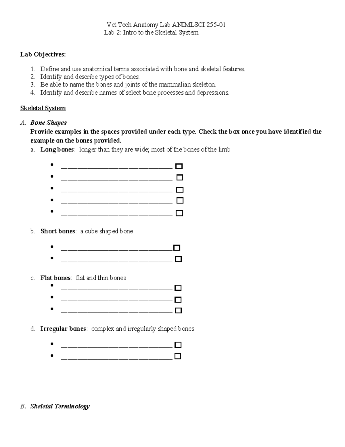 Lab 2: Intro to the Skeletal System - ANIMLSCI 255-01 - Studocu