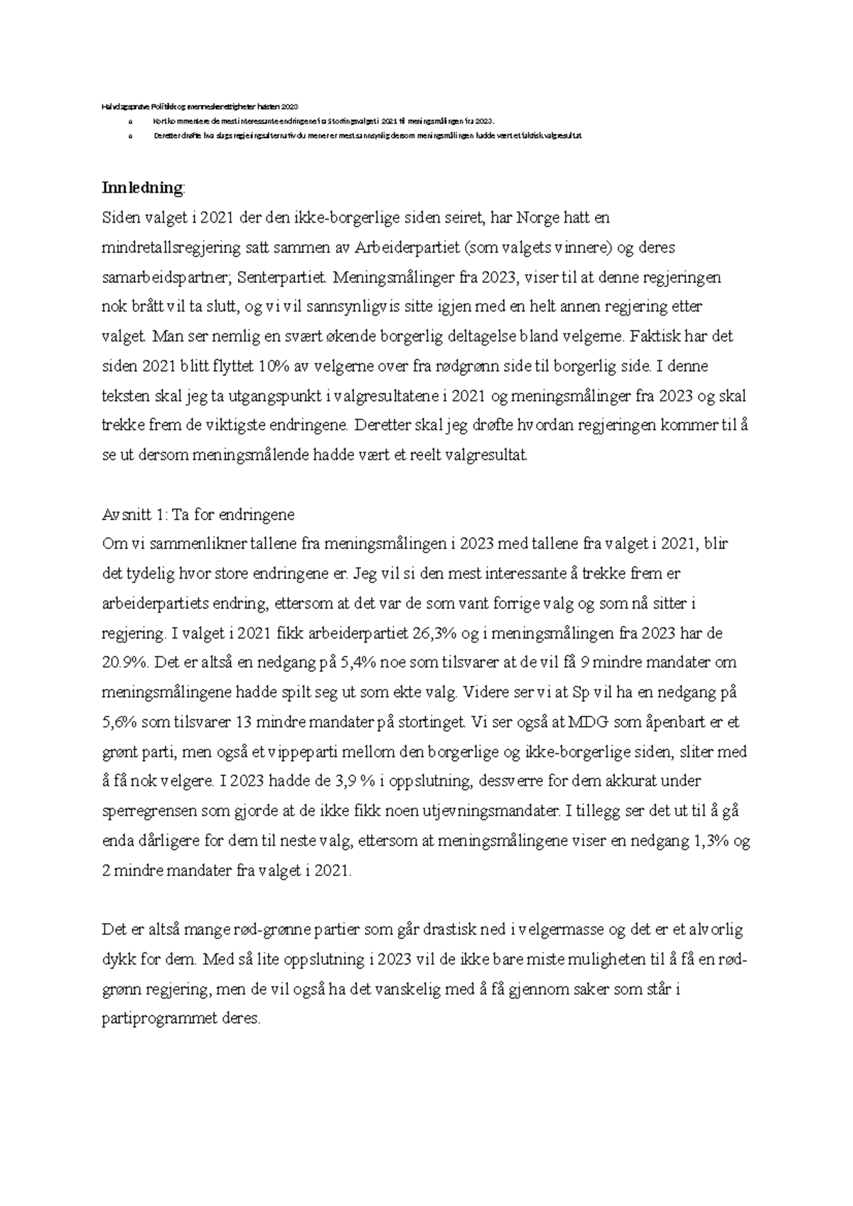 Halvdagsprøve Politikk og menneskerettigheter: Endringer fra 2021 til ...