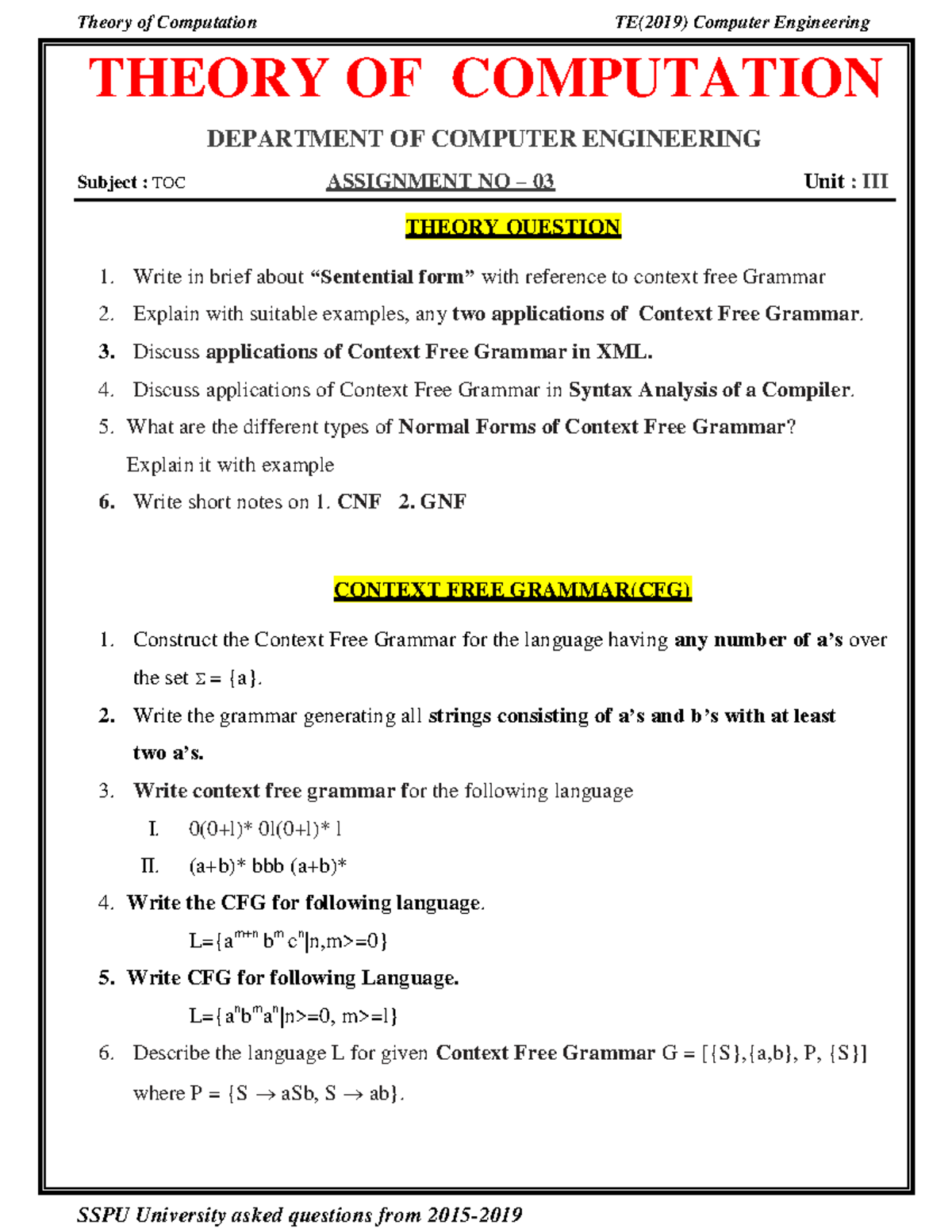 Theory of Computation TE(2019) Assignment No 03: CFG Applications - Studocu