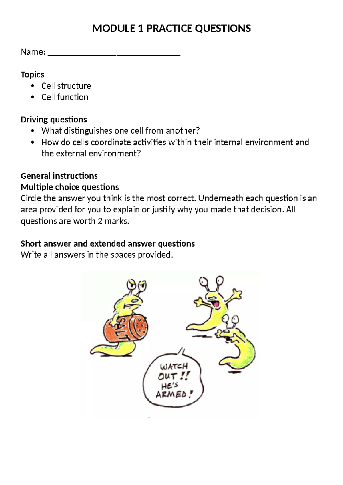 BIO101 Module 1 Practice Questions: Cell Structure & Function - Studocu