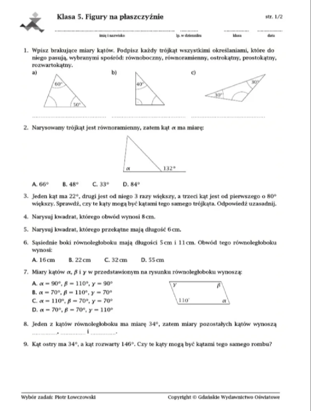 Diagnoza Całoroczna z Matematyki dla Klasy VI - ZADANIA 1-14 - Studocu