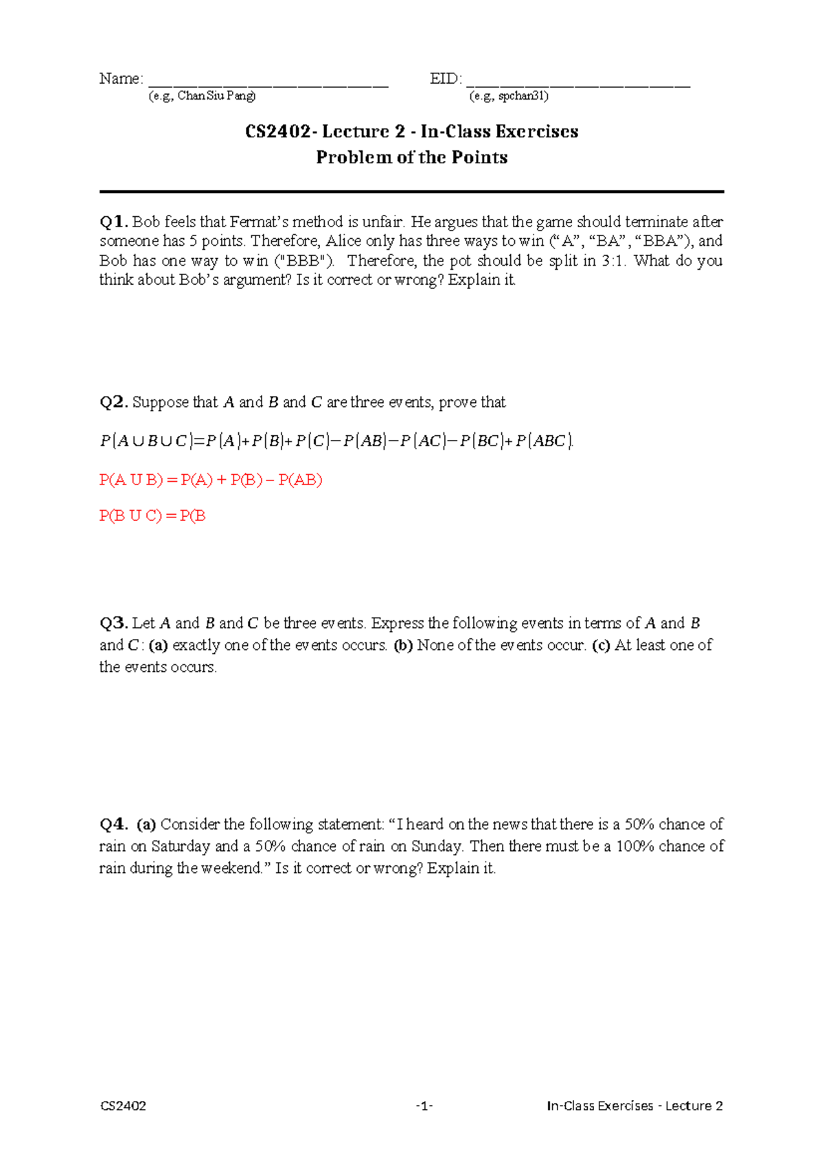 CS2402 Lecture 2 Exercises: Problem of the Points and Events - Studocu