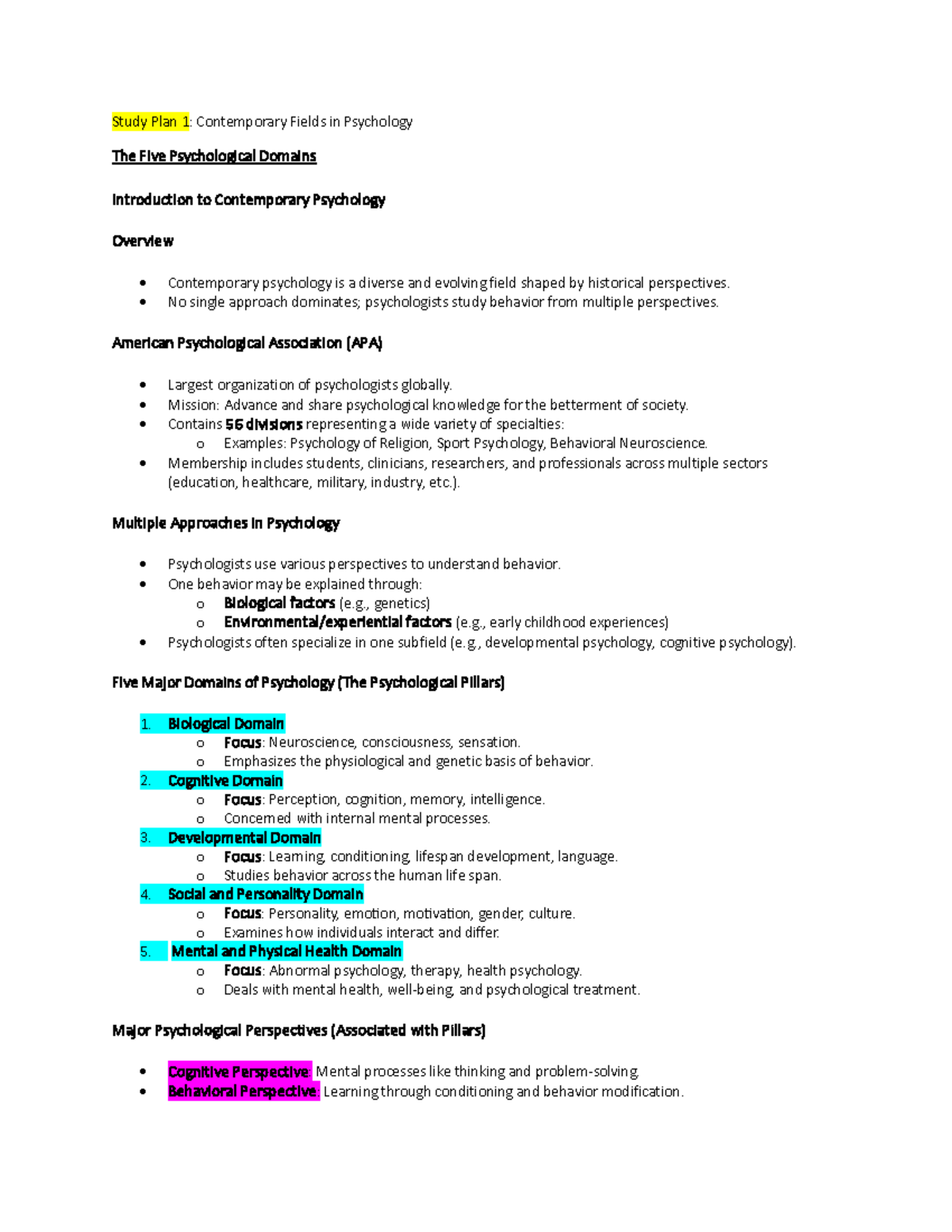Study Plan: Key Concepts in Contemporary Psychology (PSY101) - Studocu