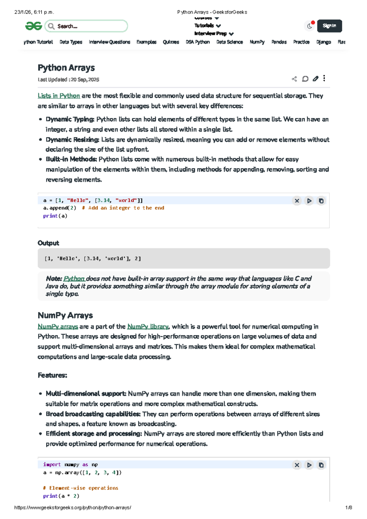 Python Arrays: Comprehensive Guide and Examples - GeeksforGeeks - Studocu