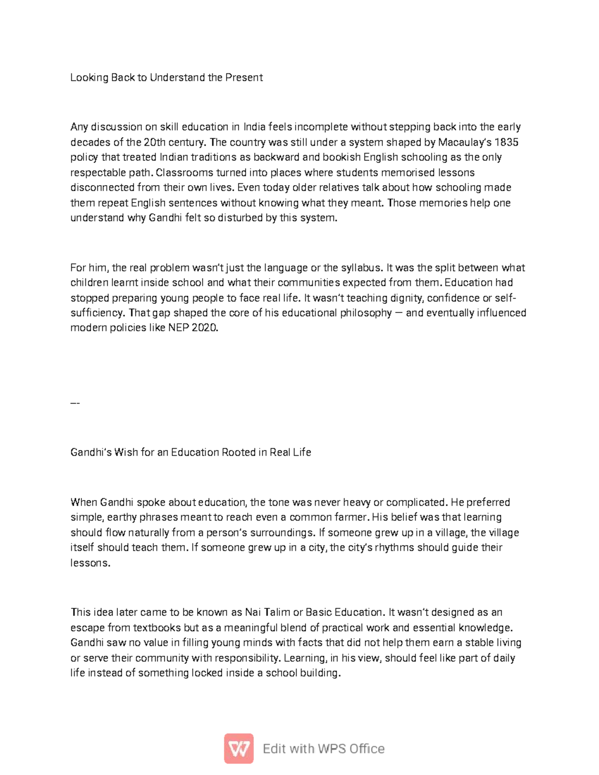 Gandhi's Vision for Skill Education in India: Insights and NEP 2020 ...