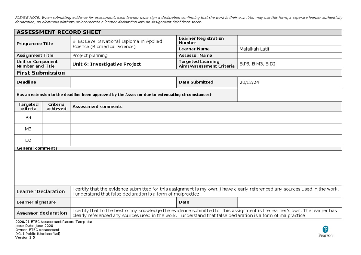 6B assessment record - hunj nknik - declaration, an electronic platform ...
