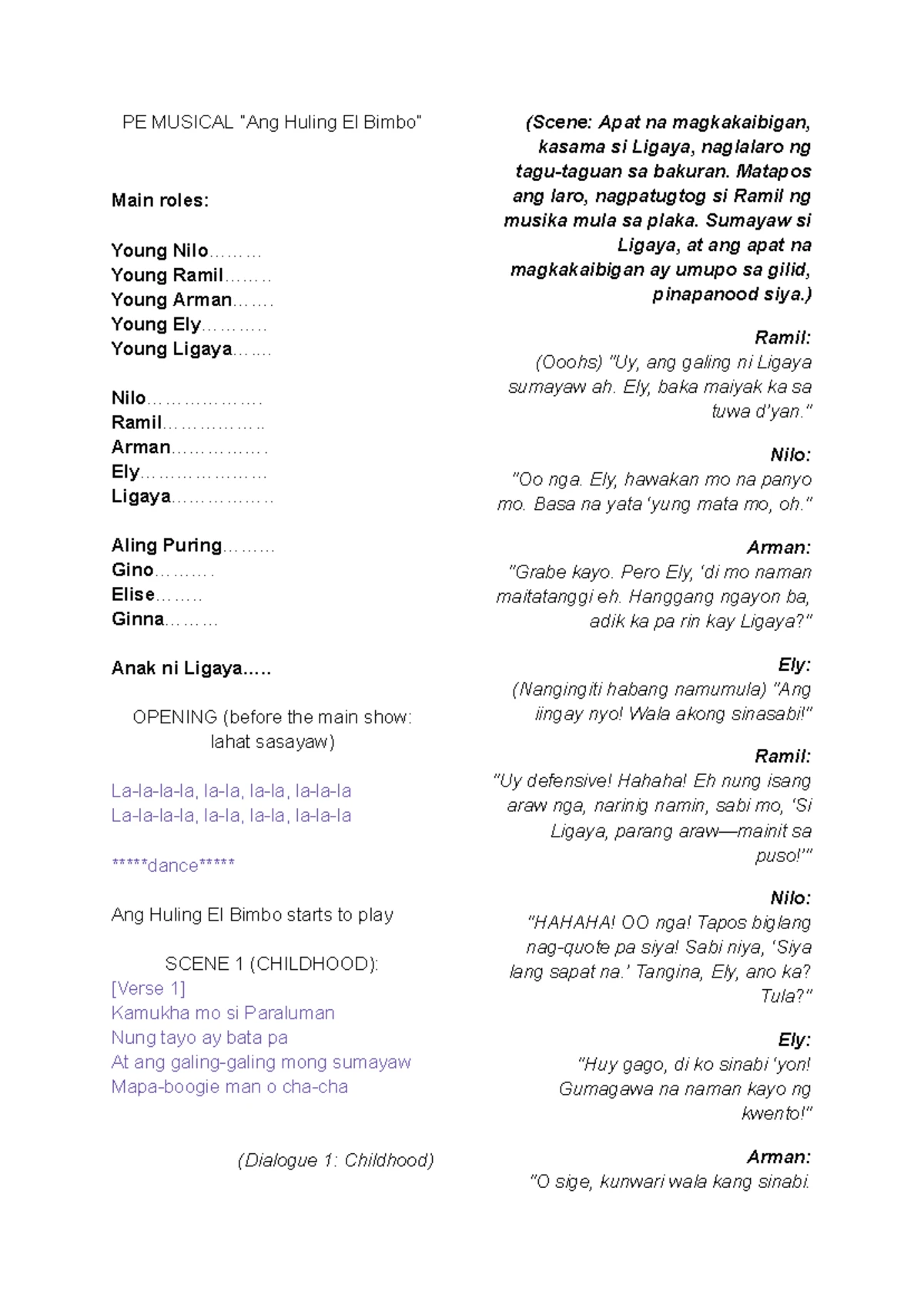 PE Musical "Ang Huling El Bimbo" Play Script Overview and Scenes - Studocu