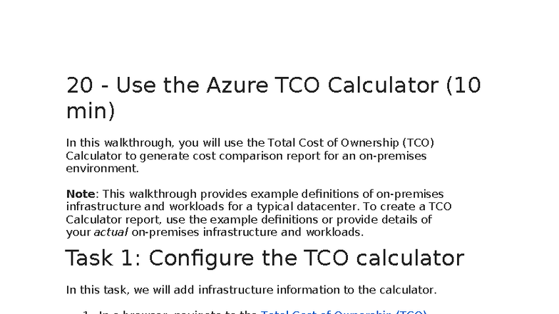 Lab 20: Using the Azure TCO Calculator for Cost Comparison - Studocu