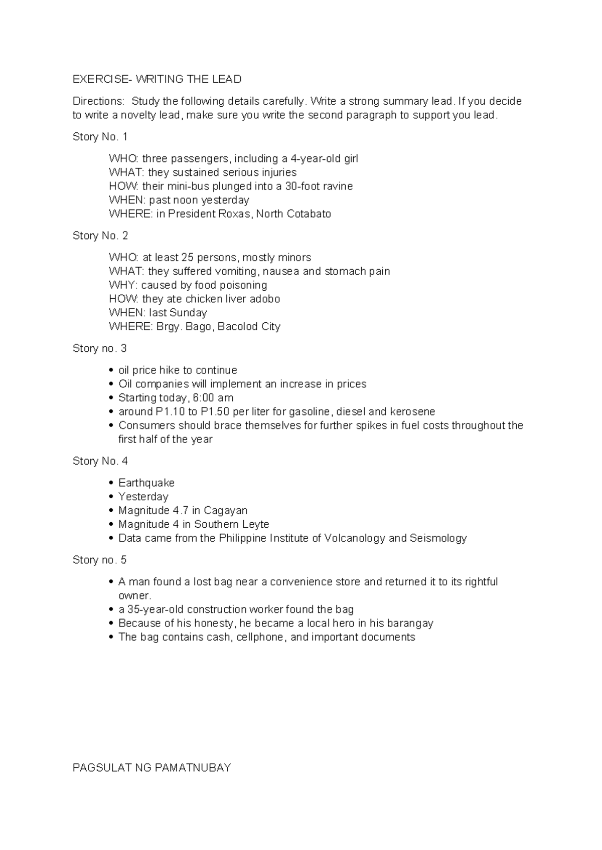 Lead Writing Exercise: Crafting Strong Summary Leads - Studocu