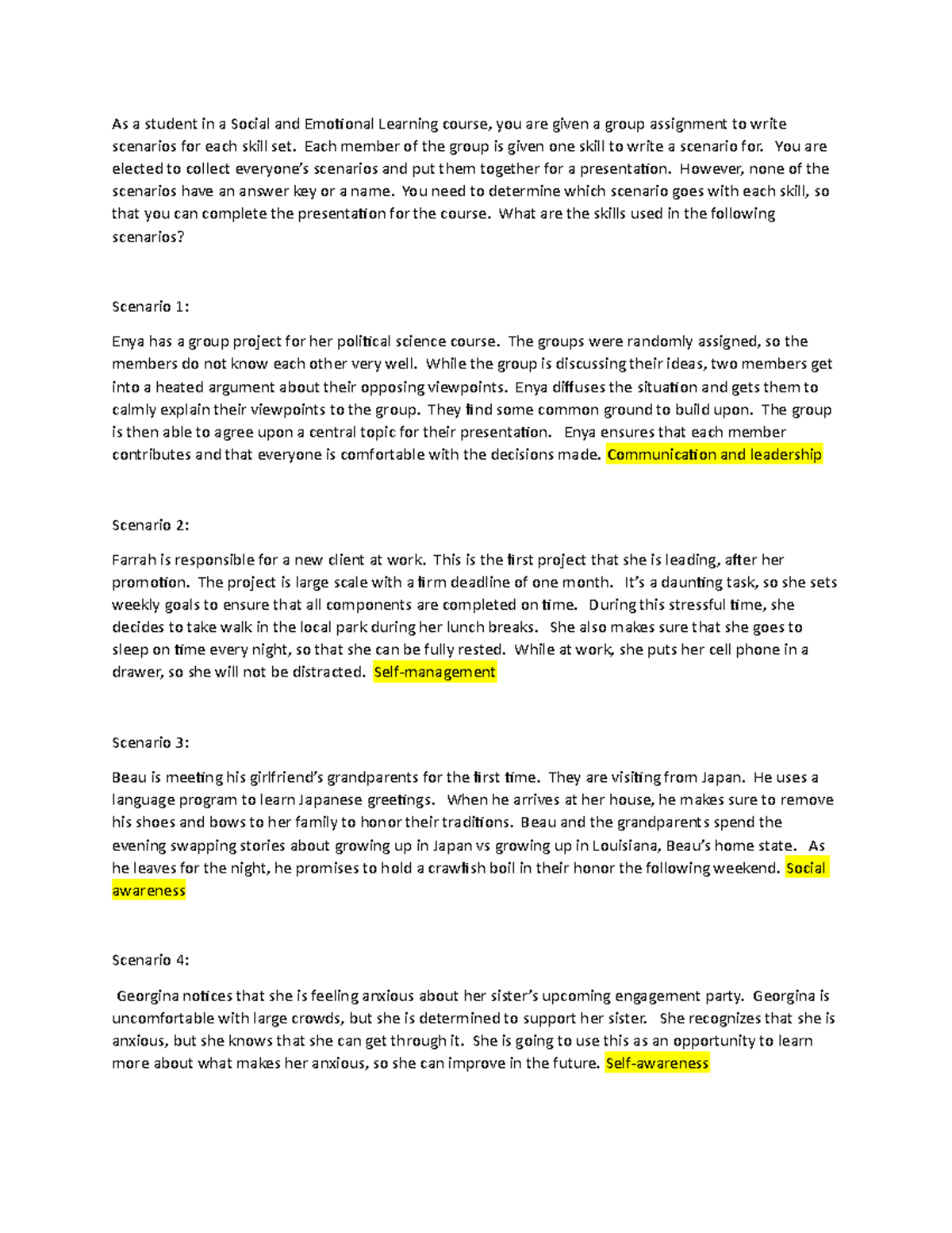 SEL Skill Scenarios and Analysis SA - Studocu