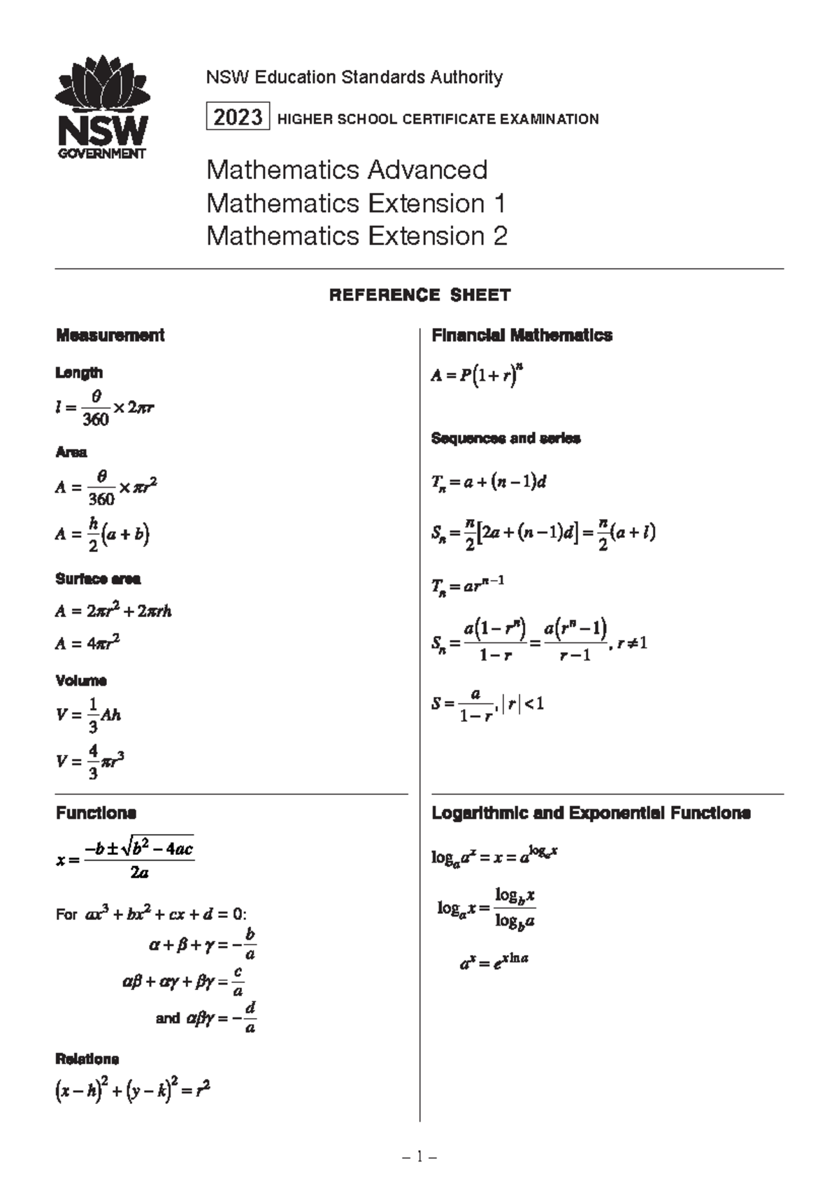 2023 HSC Mathematics Formula Sheet - – 1 – NSW Education Standards ...