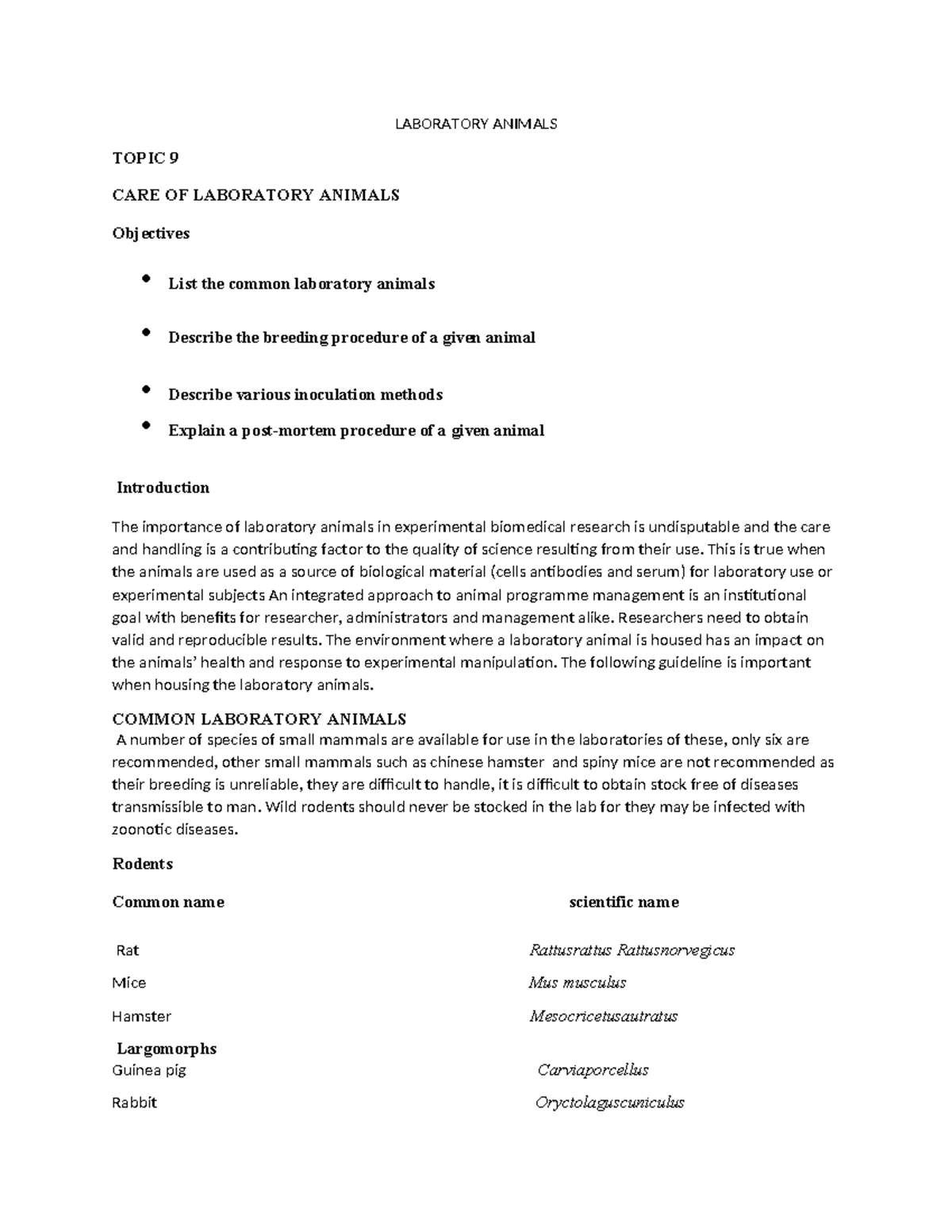 LAB 101: Care and Handling of Laboratory Animals - Topic 9 Notes - Studocu