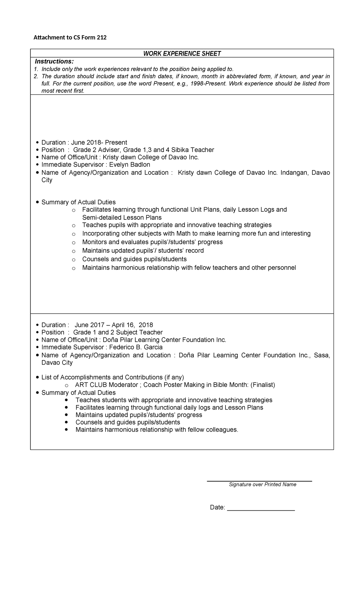 Work Experience Sheet for CS Form 212 - Teaching Positions - Studocu