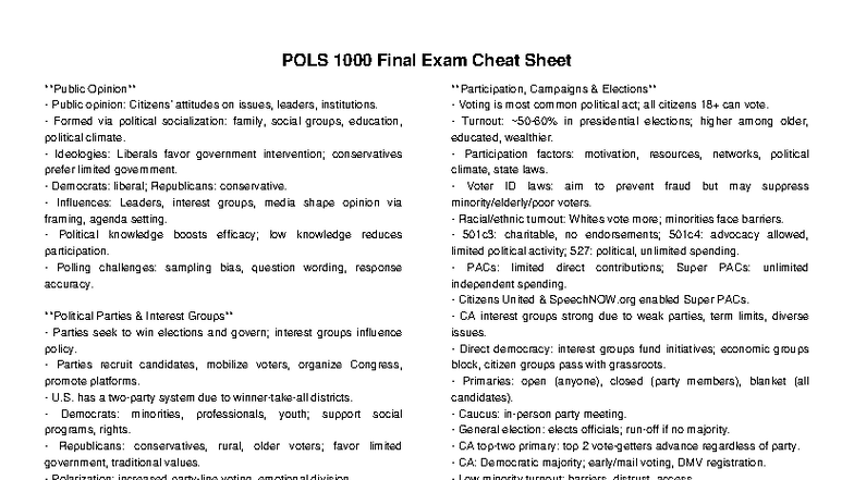 POLS 1000 Final Exam Cheat Sheet: Public Opinion & Political Parties ...