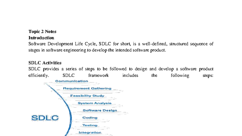 Topic 2 Notes: Software Development Life Cycle (SDLC) Fundamentals ...