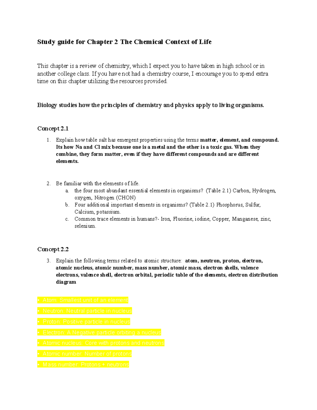 Study Guide for Chapter 2: The Chemical Context of Life (BIO101) - Studocu