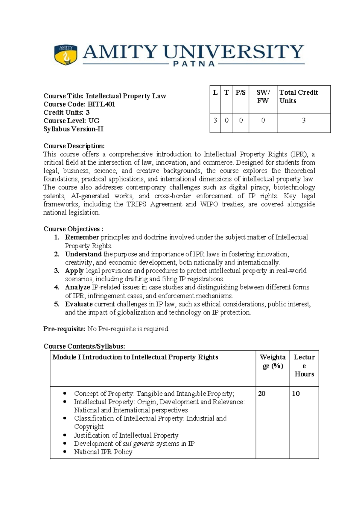 BITL401: Intellectual Property Law Syllabus Overview and Key Concepts ...
