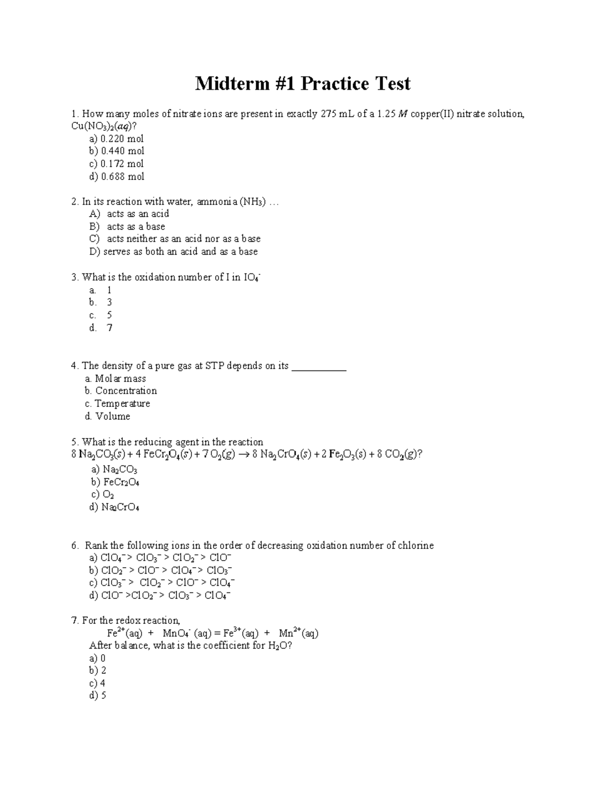 CHEM 01B Midterm Practice Test 1: Key Concepts and Questions - Studocu