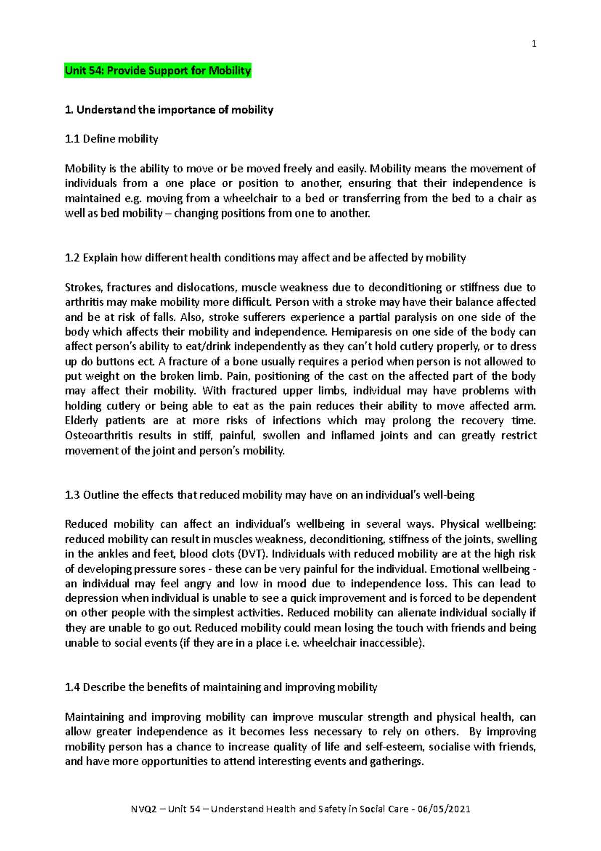 Unit 54: Supporting Mobility in Health and Well-being - Studocu