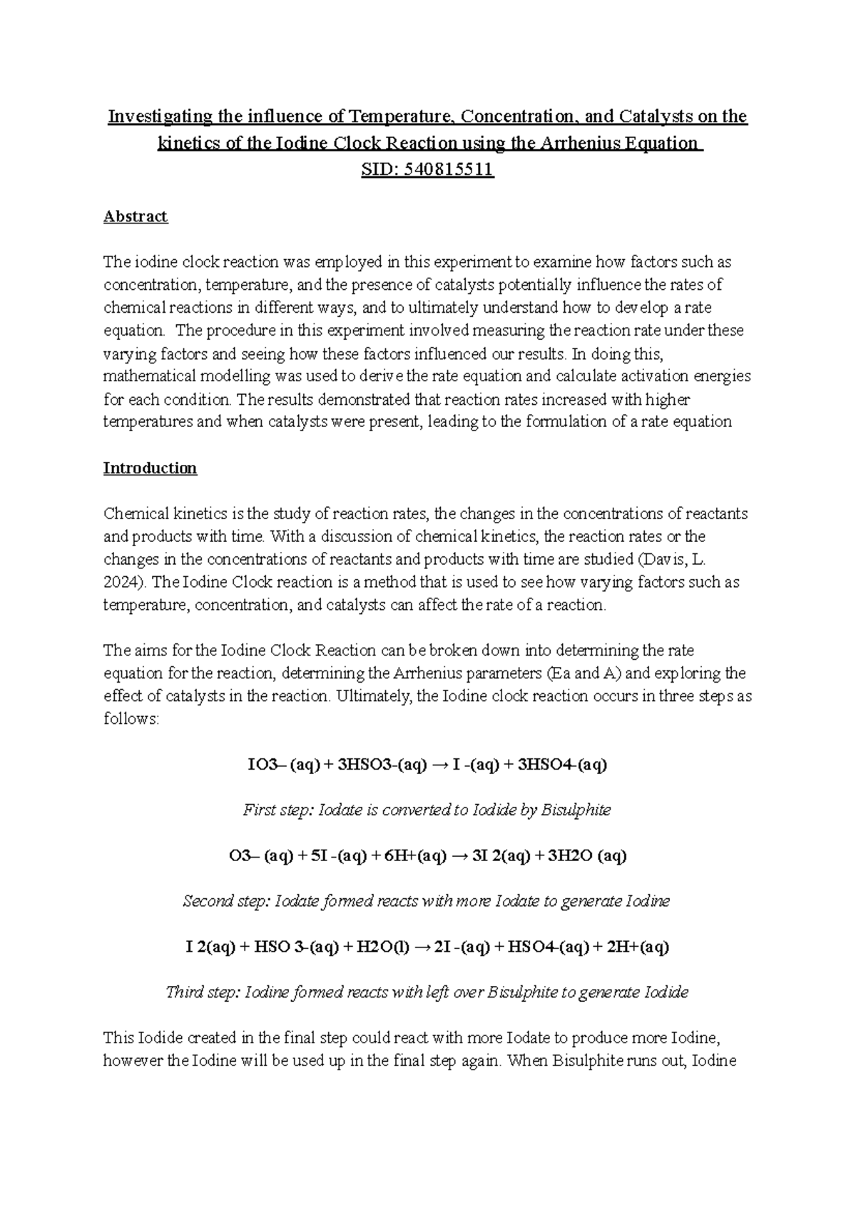 Iodine Clock Reaction LAB Report: Temp, Conc, & Catalyst Effects - Studocu