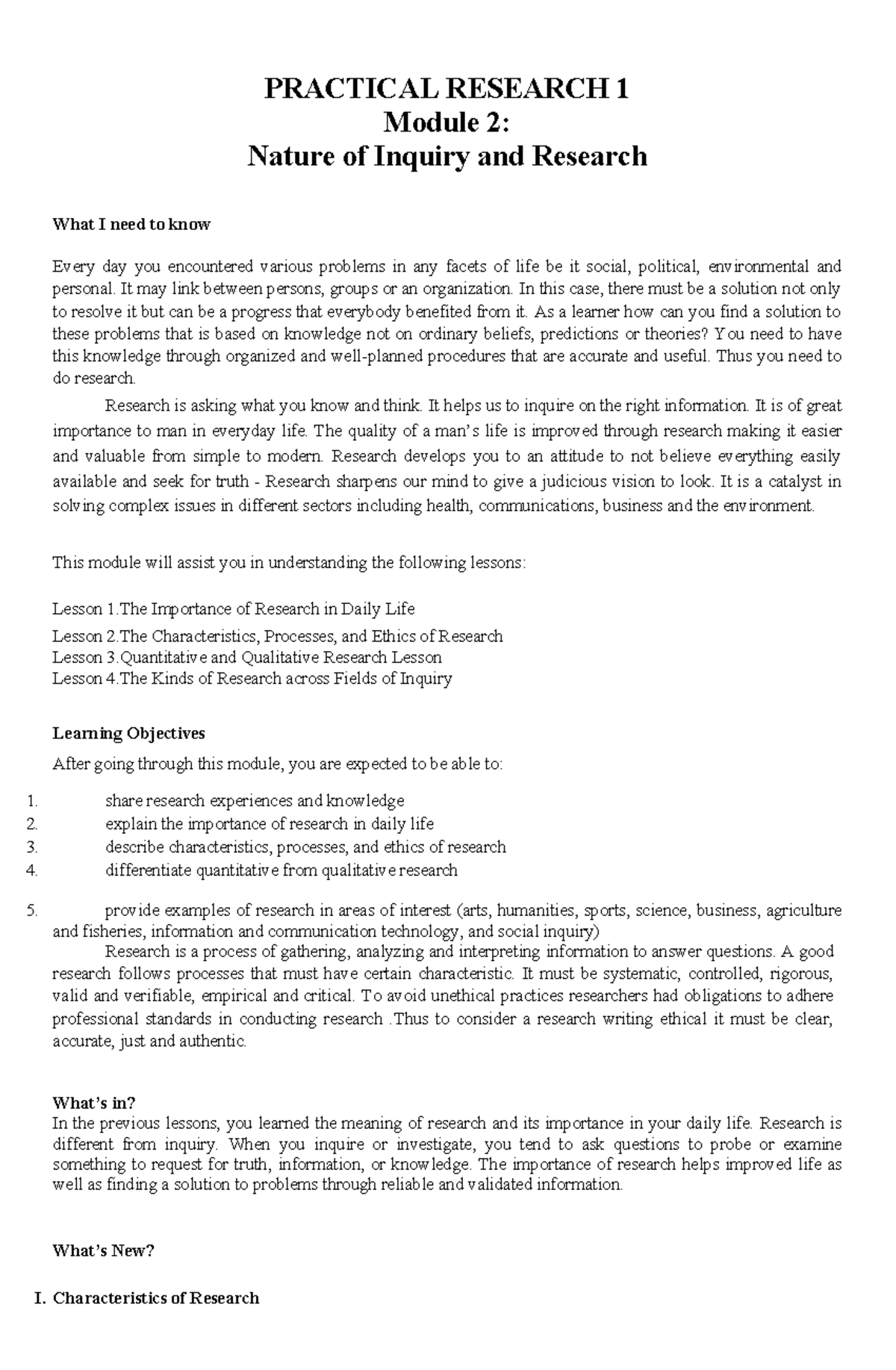Practical research 1 - PRACTICAL RESEARCH 1 Module 2: Nature of Inquiry ...