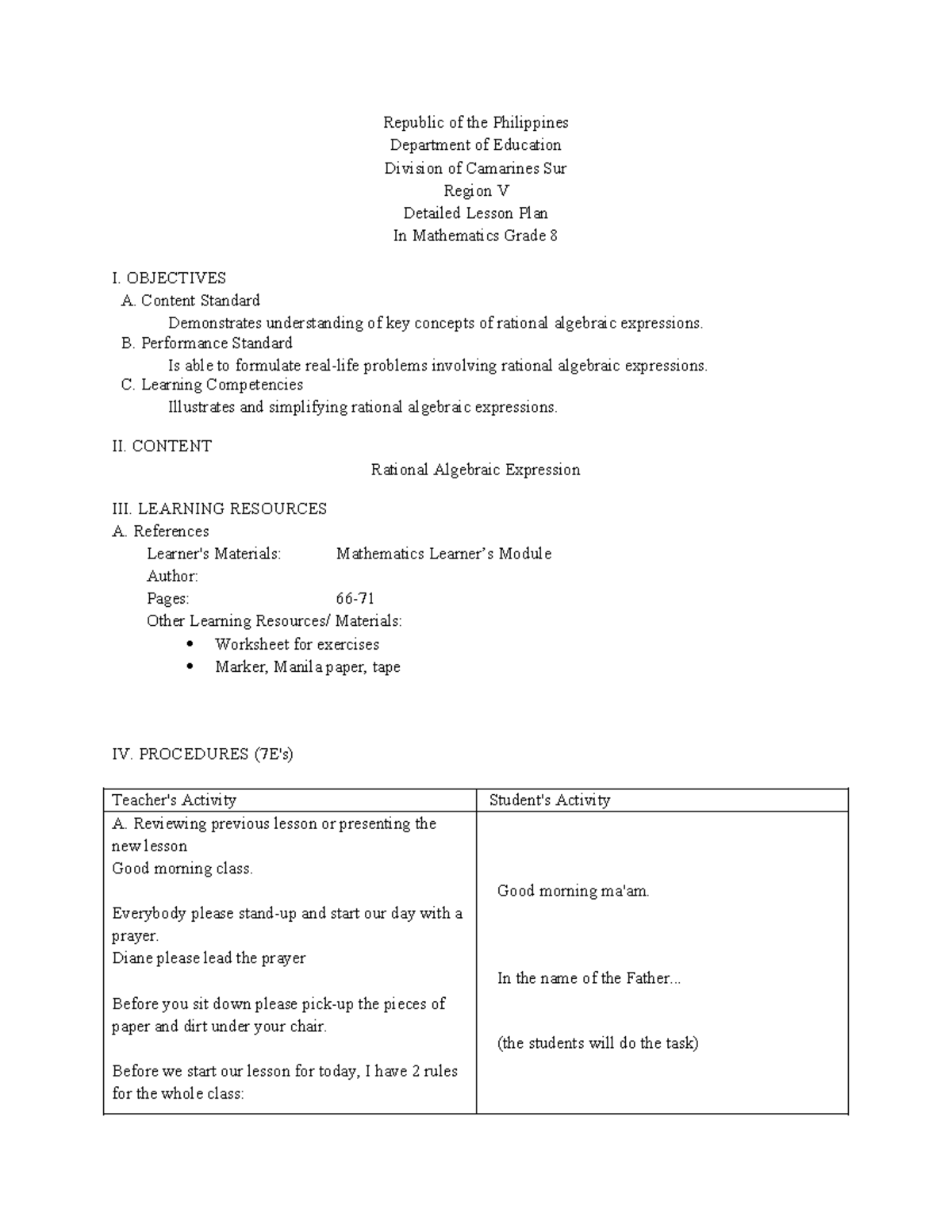 Lesson Plan for Math 8: Understanding Rational Algebraic Expressions ...