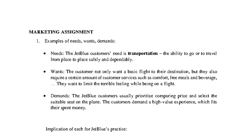 MARKETING ASSIGNMENT 1: JetBlue's Needs, Wants, and Demands Analysis ...