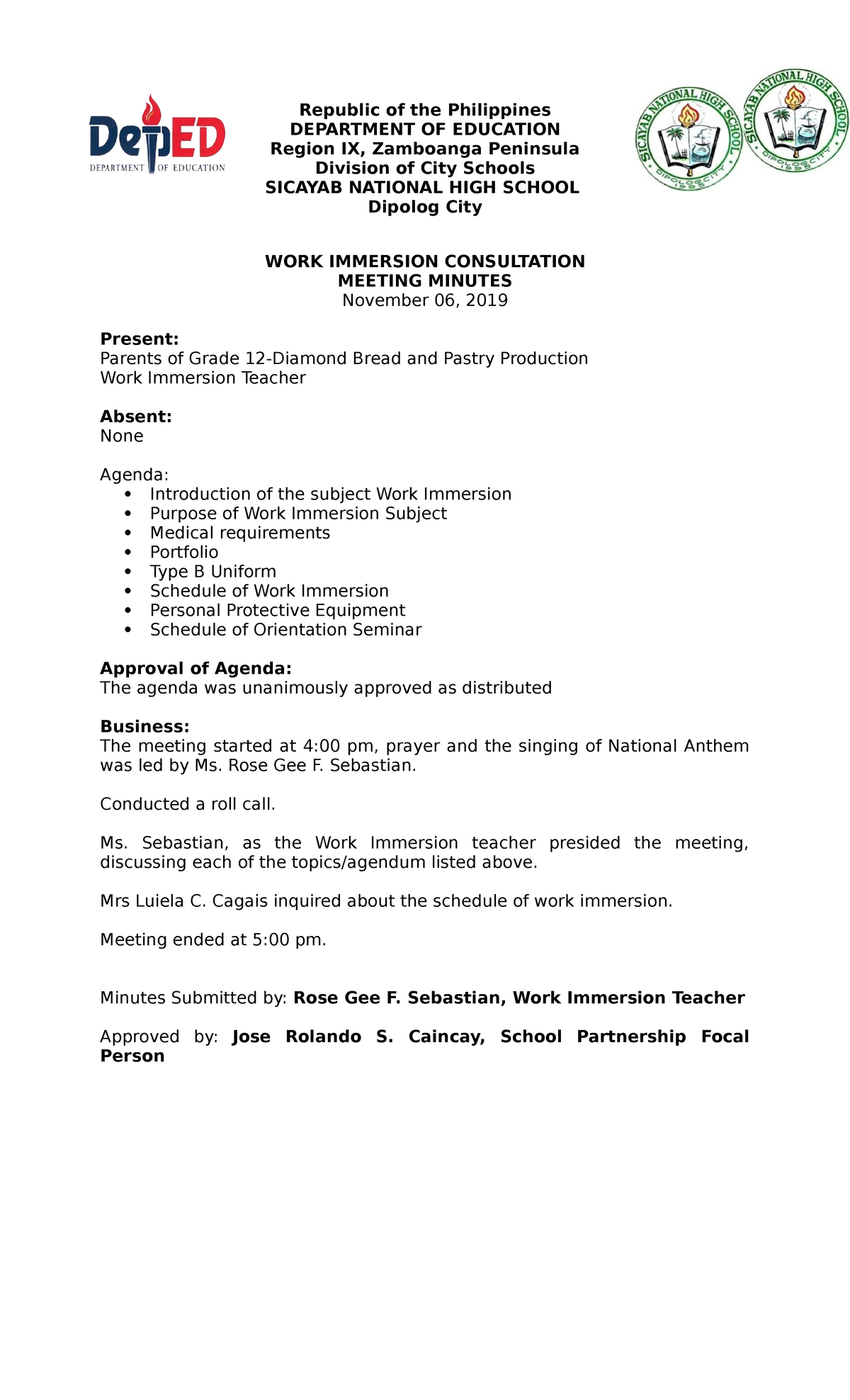 Work Immersion Consultation Meeting Minutes - Nov 06, 2019 - Studocu