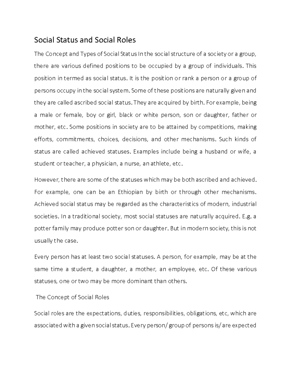 Social status and social roles - Social Status and Social Roles The ...