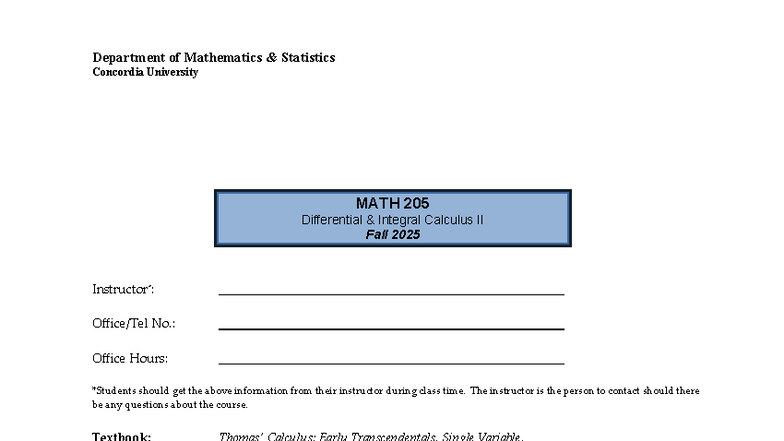 MATH 205 Fall 2025: Differential & Integral Calculus II Outline - Studocu