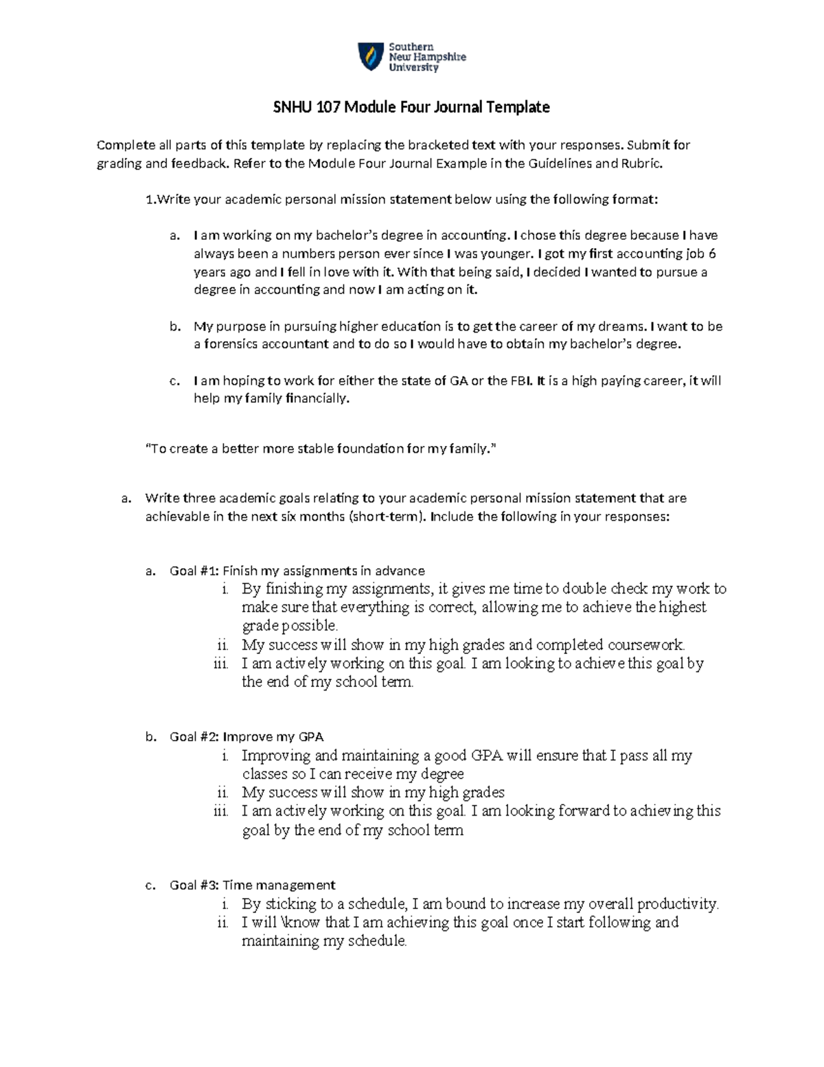 SNHU 107 Module Four Journal: Personal Mission & Academic Goals - Studocu